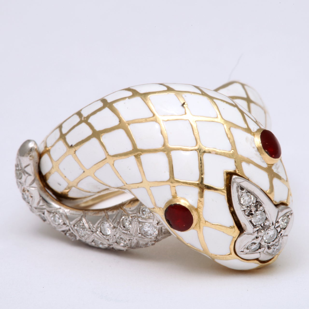 DAVID WEBB Gold Diamond Ruby White Enamel Snake Ring at 1stDibs