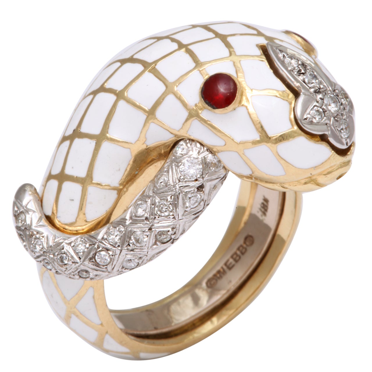 DAVID WEBB Gold Diamond Ruby White Enamel Snake Ring at 1stDibs