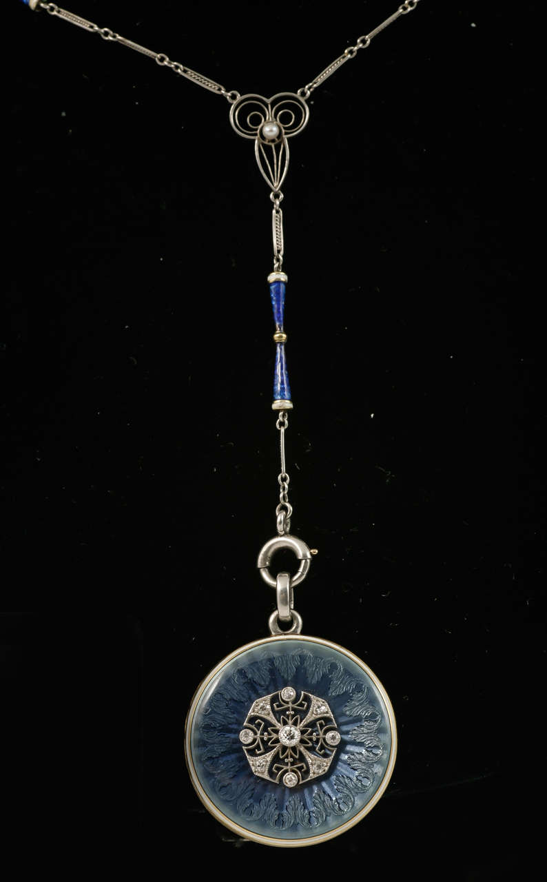 Very Fine Blue Enamel Diamond Locket on Chain For Sale at 1stDibs