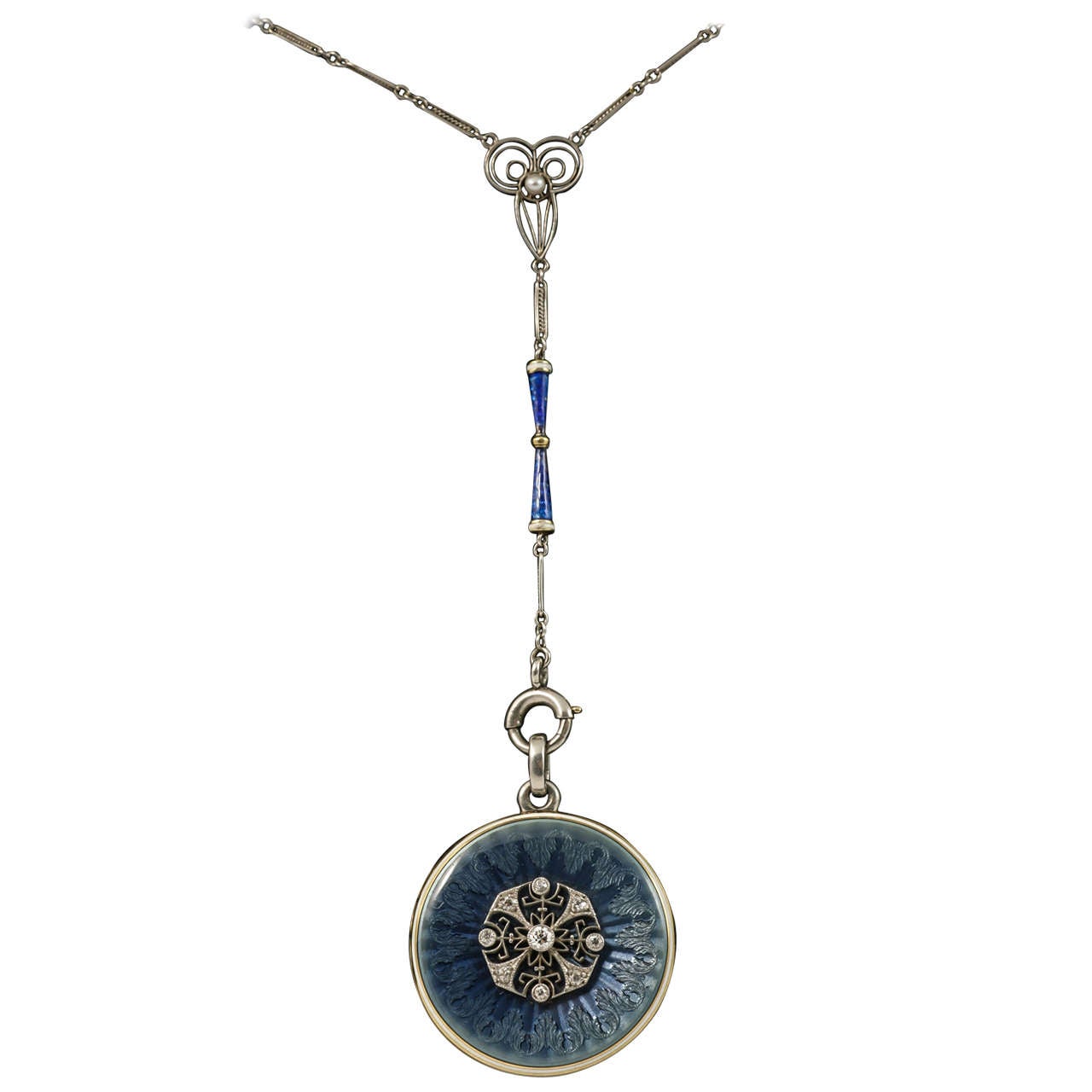 Very Fine Blue Enamel Diamond Locket on Chain For Sale at 1stDibs