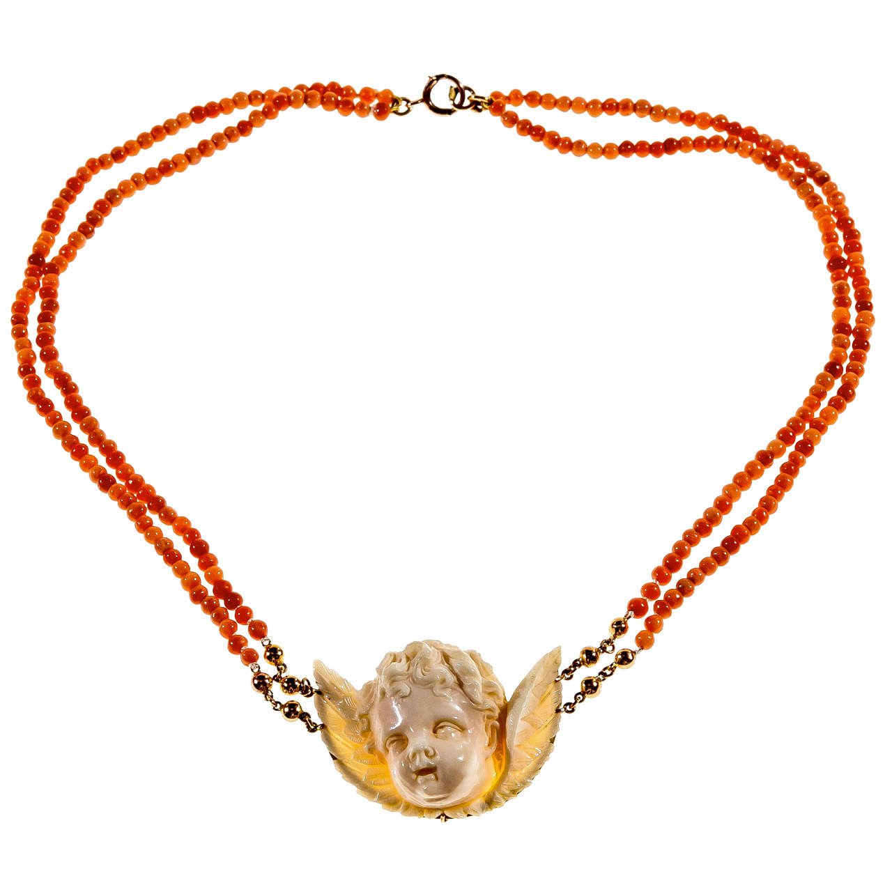 Victorian Coral Bone Pink Gold Angel Necklace at 1stDibs