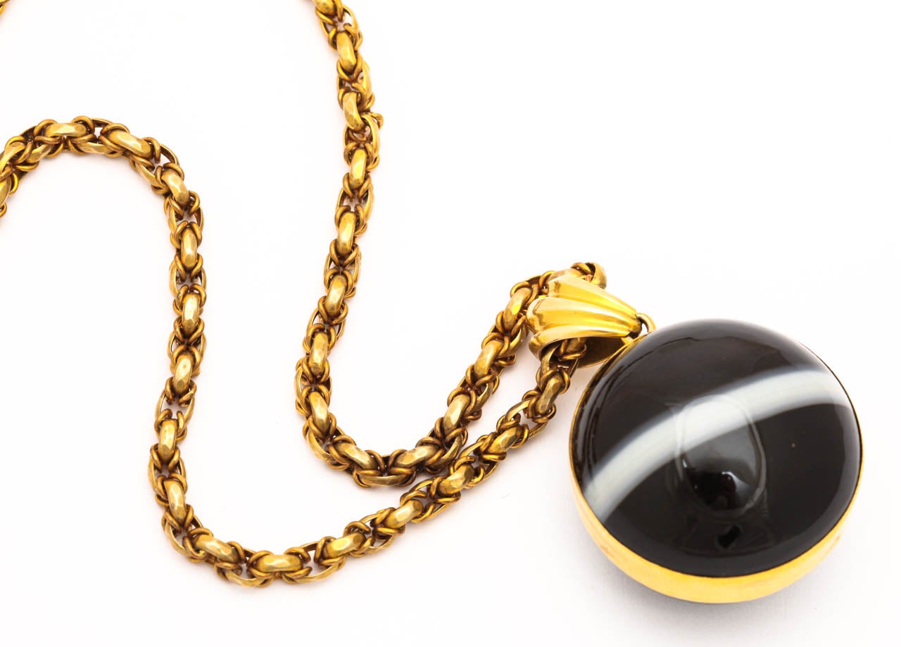 Victorian Banded Agate Pendant on a Long Handmade Chain at 1stDibs
