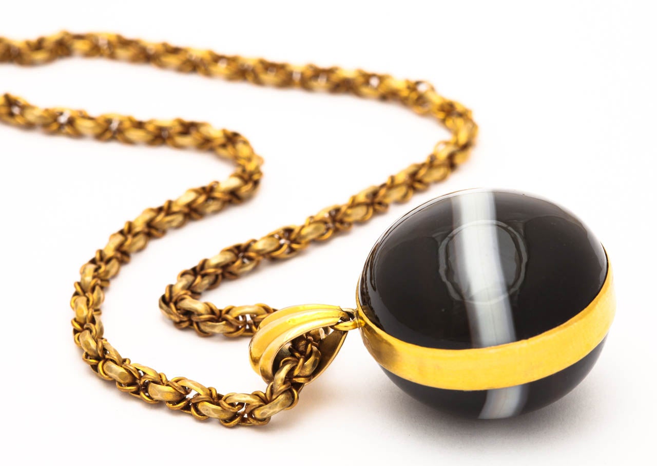 Victorian Banded Agate Pendant on a Long Handmade Chain at 1stDibs