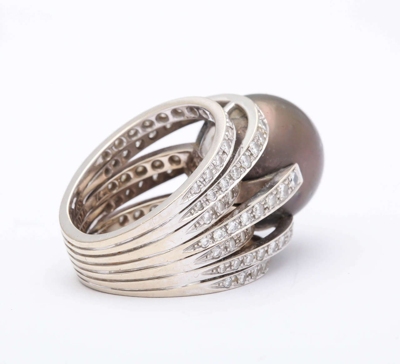 Scafia South Sea Grey Pearl Multi-band Diamond Ring at 1stDibs