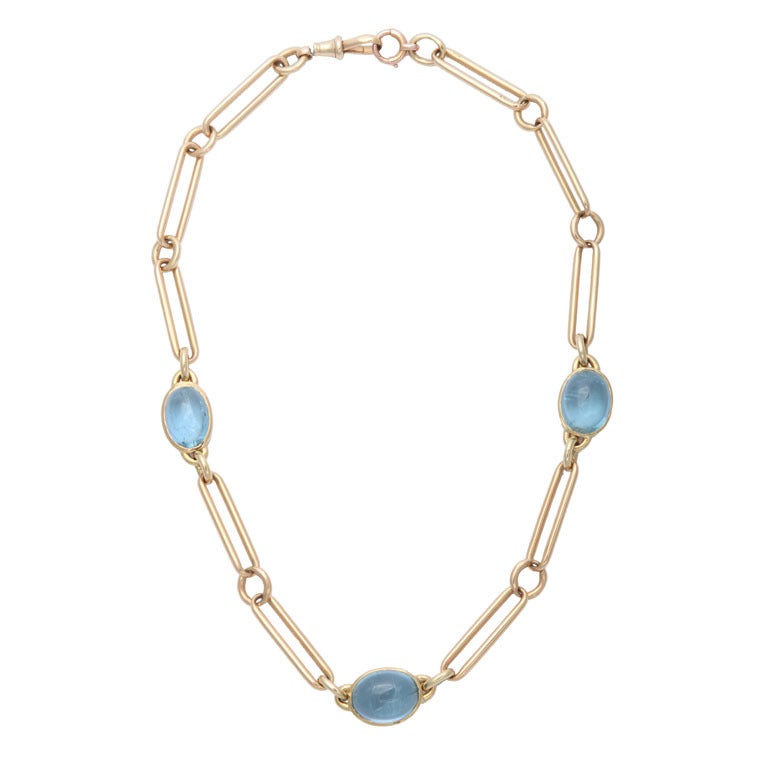 18k Yellow Gold Antique Watch Chain with Cabochon Aquamarines For Sale ...