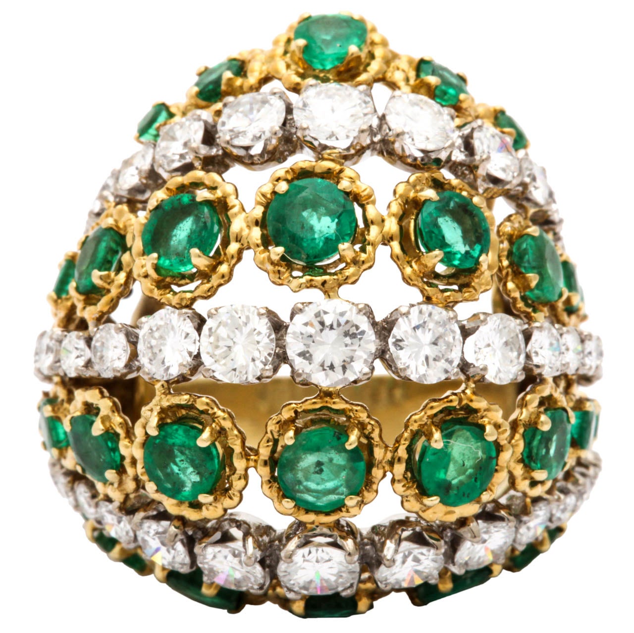 1960's Gold Emerald and Diamond Bombe Cocktail Ring at 1stDibs