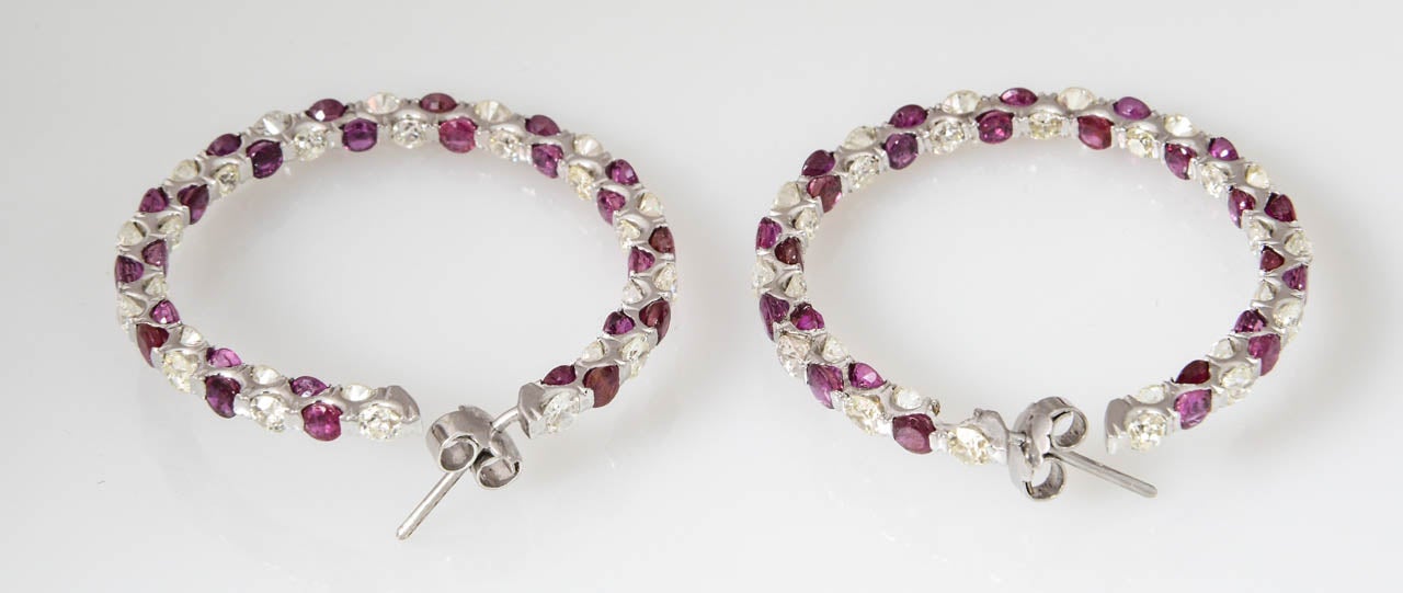 Large Ruby Diamond White Gold Hoops For Sale (Free Shipping) at 1stDibs