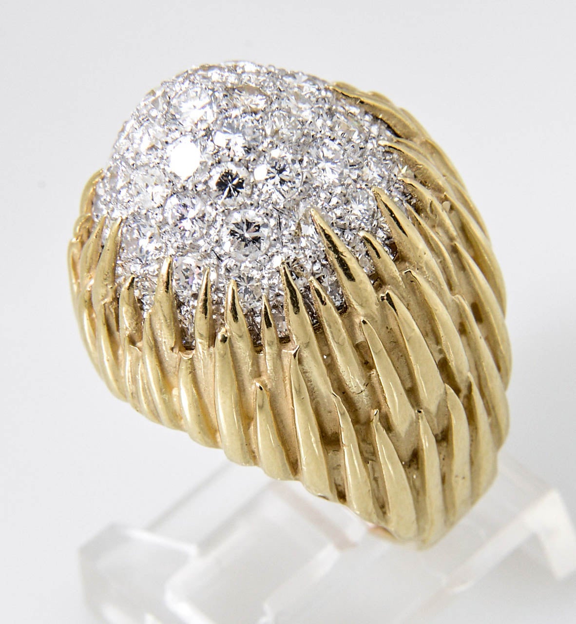 1960s-1970s Pave Diamond Gold Floral Design Dome Ring at 1stDibs
