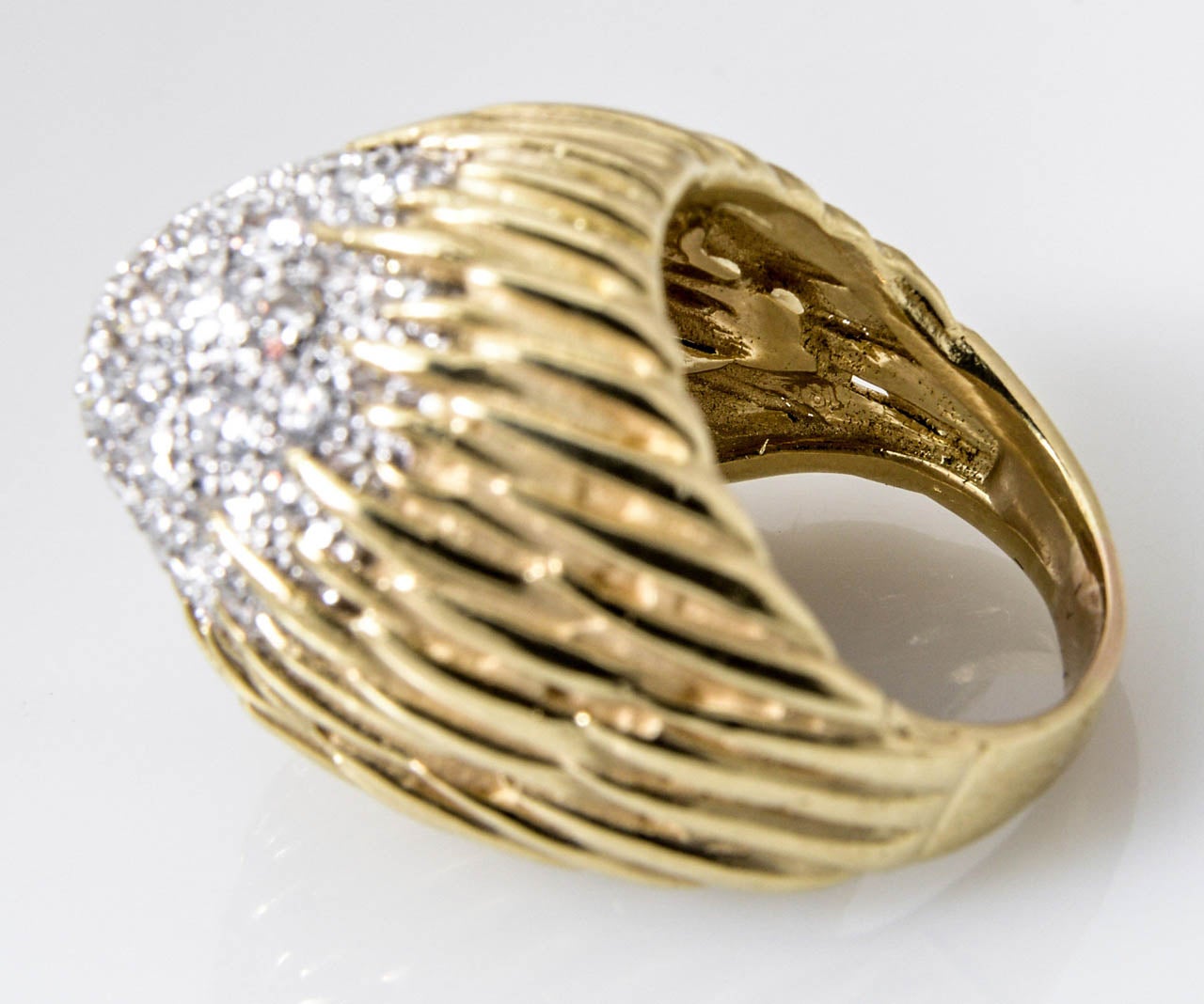 1960s-1970s Pave Diamond Gold Floral Design Dome Ring at 1stDibs