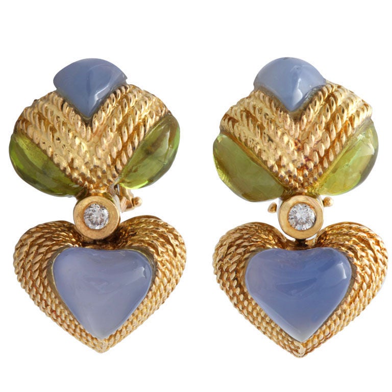LAURA MUNDER Diamond, Chalcedony and Peridot Heart Earrings at 1stDibs