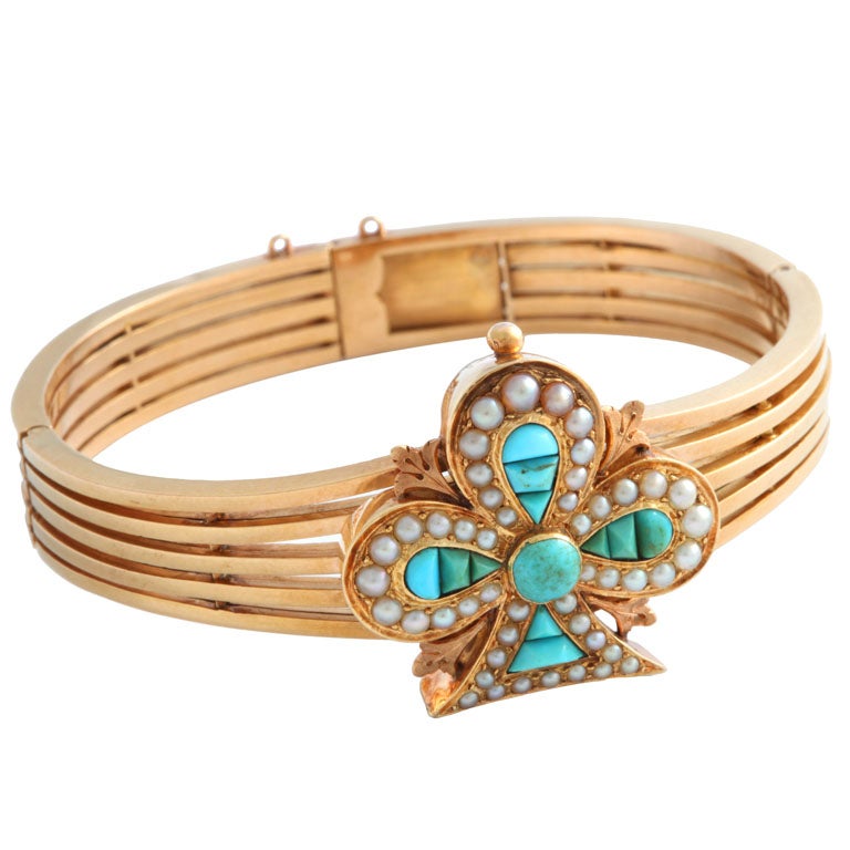 Persian Turquoise Pearl Gold Bangle Bracelet at 1stDibs | persian gold ...