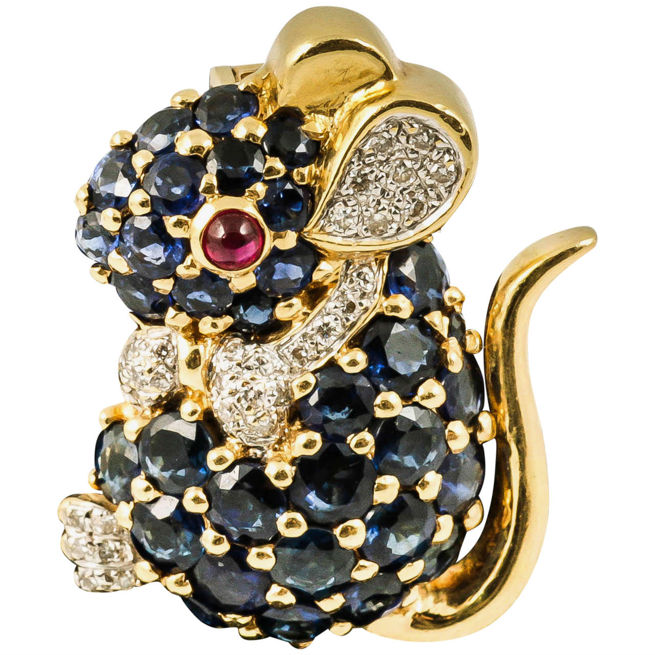 Sapphire Diamond Gold Mouse Brooch For Sale at 1stDibs