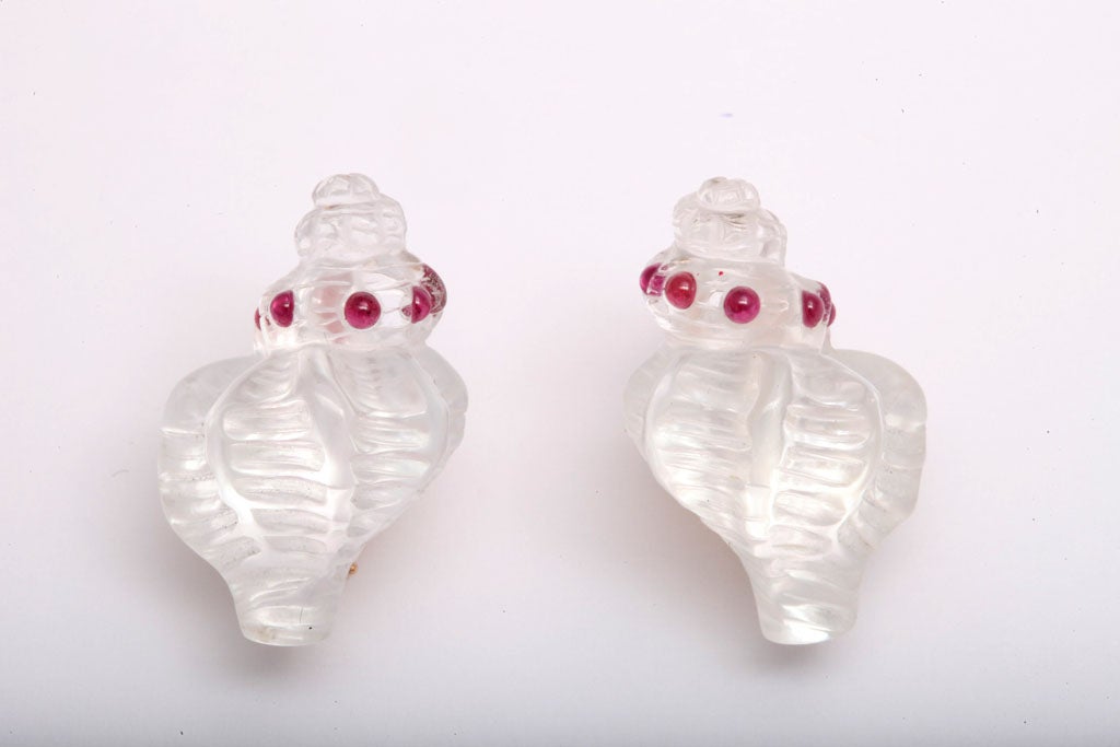 Hand-Carved Rock Crystal Shell Earrings with Garnet Accents For Sale at ...