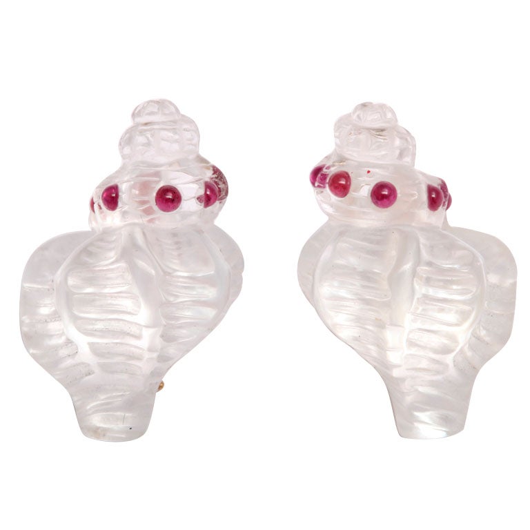Hand-Carved Rock Crystal Shell Earrings with Garnet Accents For Sale at ...