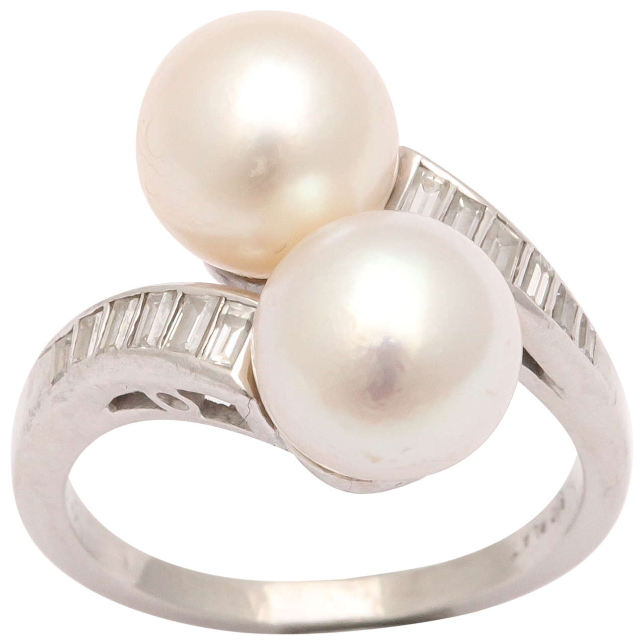 Pearl Graduated Diamond Crossover Baguette Ring For Sale at 1stDibs ...