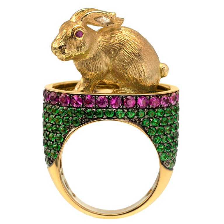 Spectacular "Bunny" Ring, Diamond, Sapphires and Tsavorites For Sale at ...