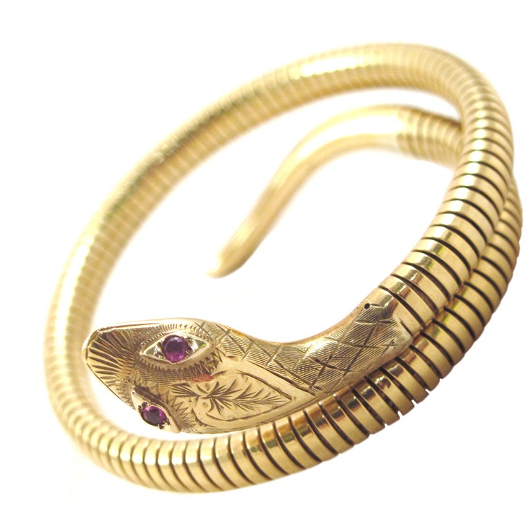 Gold Snake Bangle with Ruby Eyes at 1stDibs