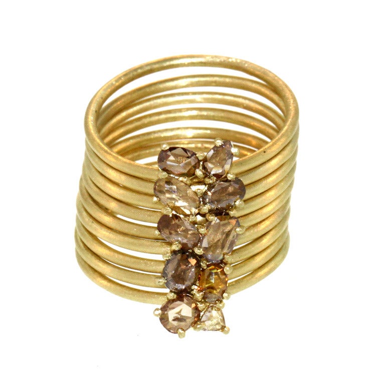 Multi Band Ring With Cognac Diamond Cluster For Sale at 1stDibs