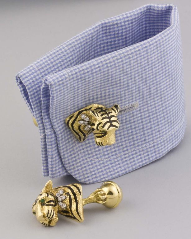 TIFFANY and CO. 18K Gold Enamel Diamond Tiger Cufflinks at 1stDibs