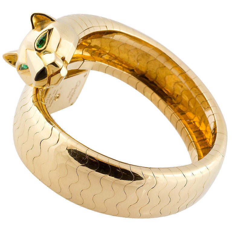 Cartier Lady's Yellow Gold and Emerald Panther Lakarda Flexible Bangle ...