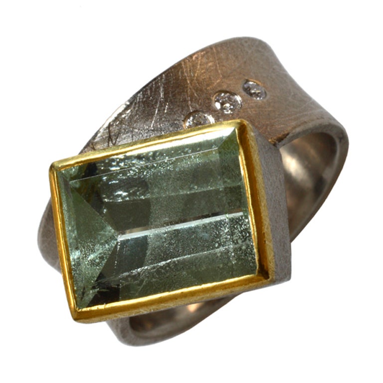 Palladium Anticlastic Ring with Aquamarine and Diamonds For Sale at 1stDibs
