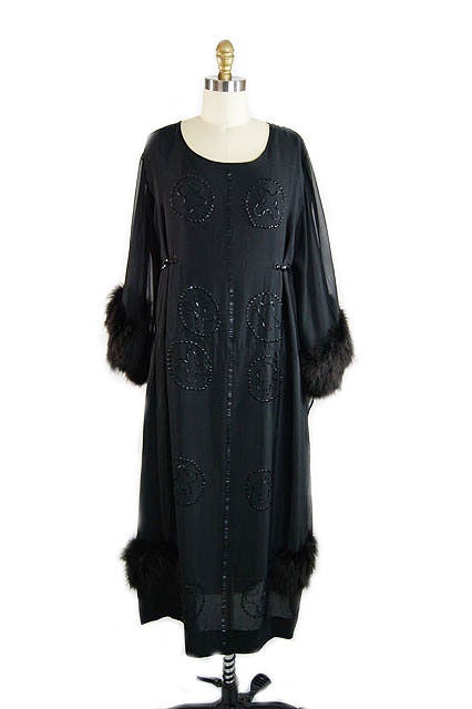 Vintage "Teens" Silk Dress w Feathered Cuffs at 1stDibs