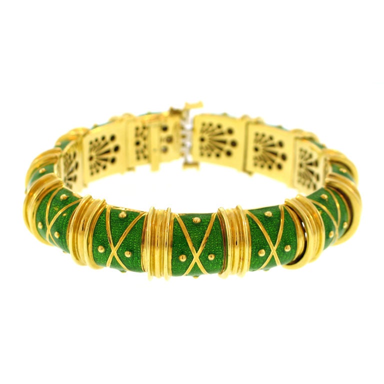 Stylish Chic Green Enamel Hinged Bangle at 1stDibs