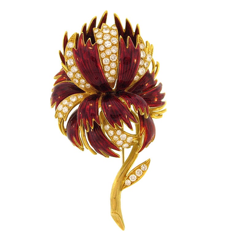 Deep Red Enamel and Pavé Diamond Floral Pin at 1stDibs