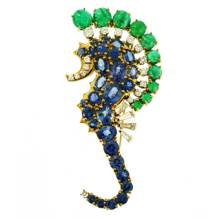 SEAMAN SCHEPPS Sapphire, Emerald and Diamond Seahorse Brooch at 1stDibs
