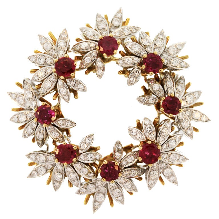 Ruby and Diamond Wreath Brooch at 1stDibs