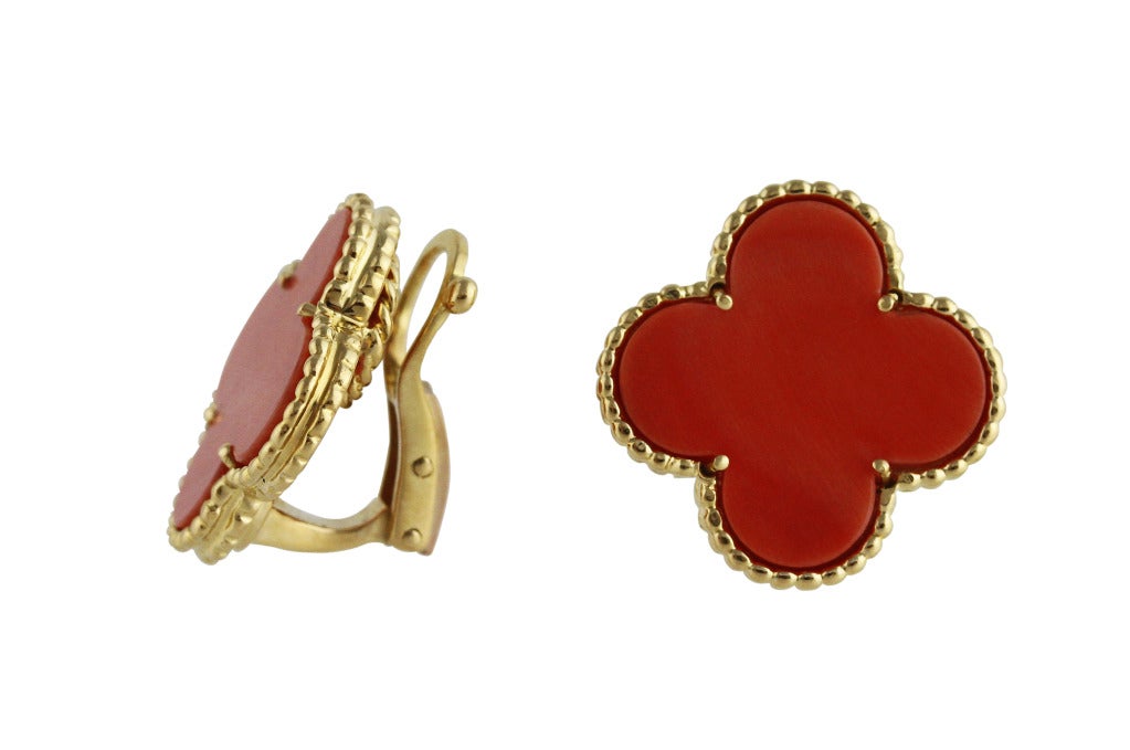 Van Cleef and Arpels Coral Alhambra Earclips at 1stDibs