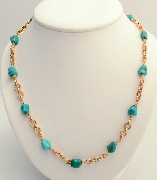 Gold Chain Necklace with Turquoise Chunks at 1stDibs