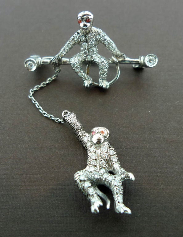 Frolicking Monkeys Brooch in Diamonds and Platinum at 1stDibs