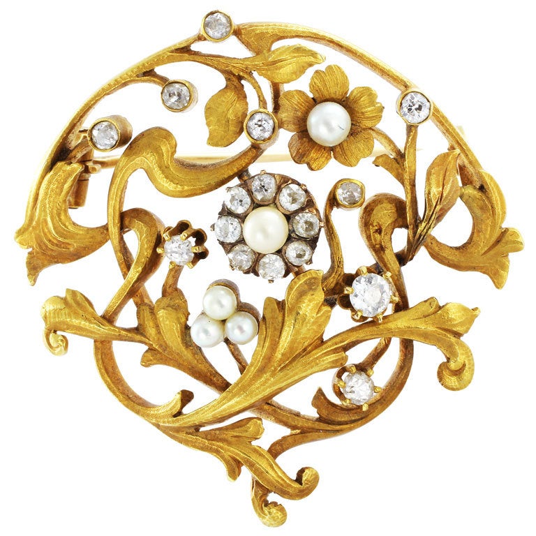 Art Nouveau Gold Floral Pin at 1stDibs