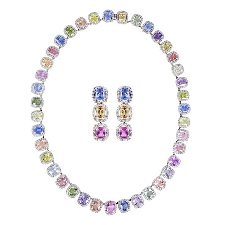 Natural Multi-Color Sapphire Necklace and Earrings at 1stDibs