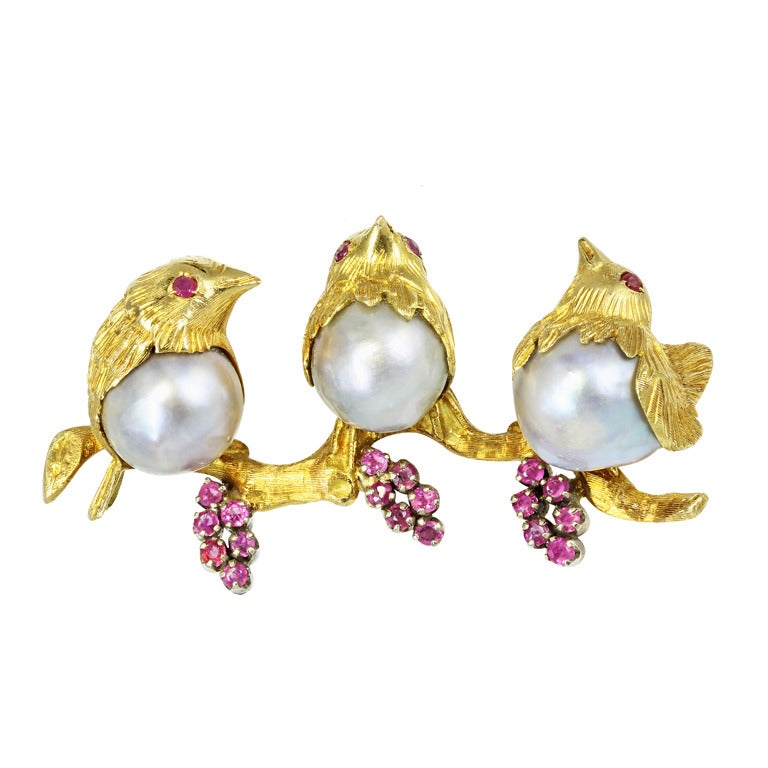 Ruby Pearl and Gold Birds on a Branch Pin at 1stDibs