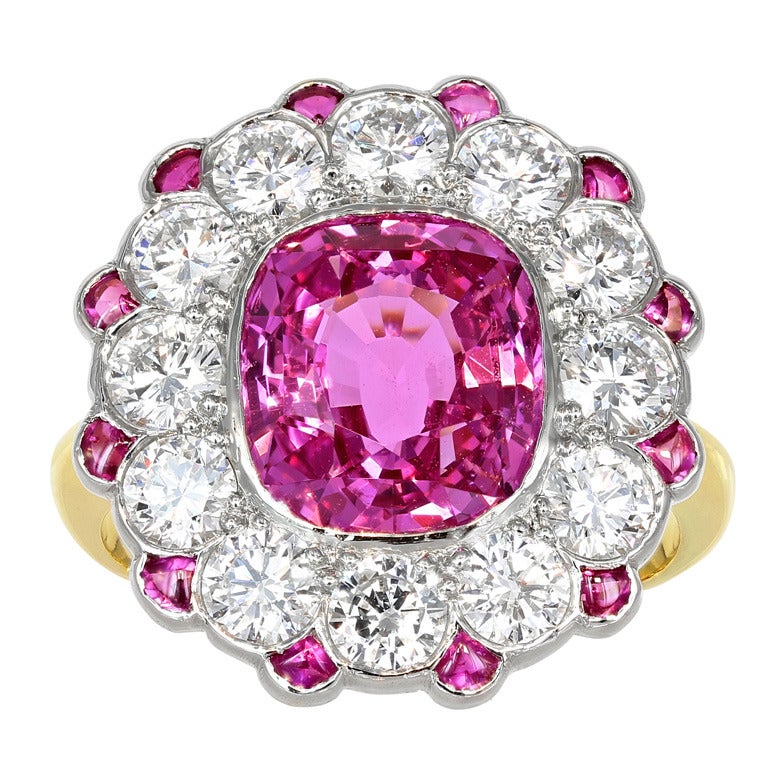 Pink Sapphire Diamond Cluster Ring at 1stDibs