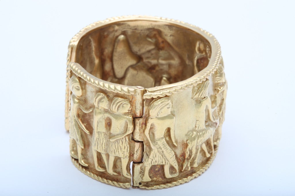 Large Gold Ancient Egypt Motif Bangle For Sale at 1stDibs