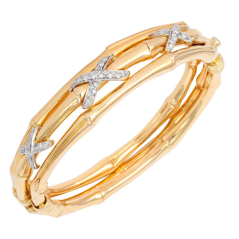 Bamboo Diamond Gold Bangle at 1stDibs