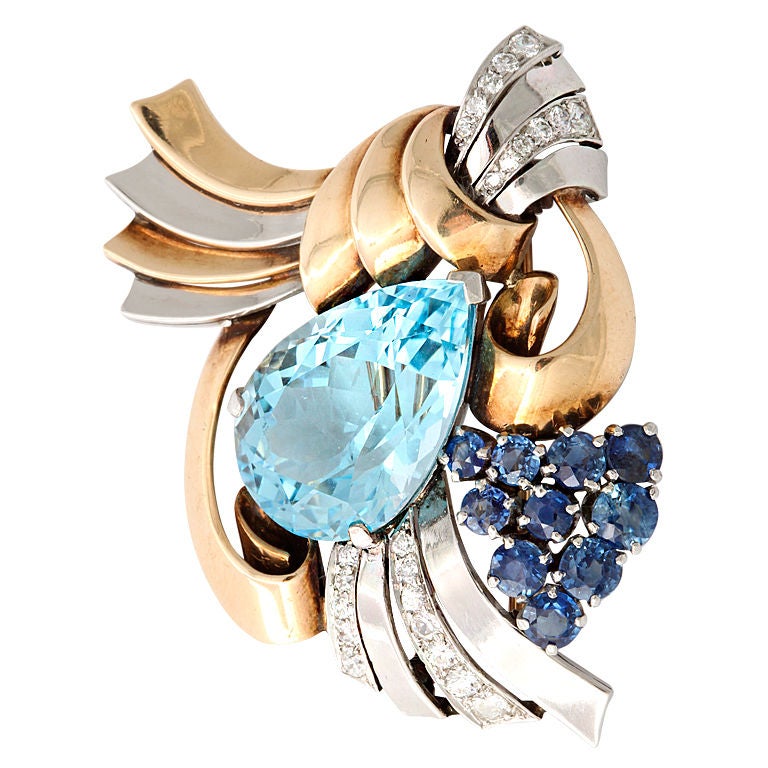 RAYMOND YARD Gold Brooch of Aqua, Sapphires and Diamonds at 1stDibs