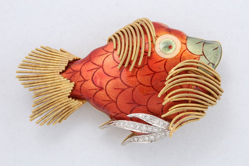 Large Fish Brooch in Enamel and Diamonds at 1stDibs