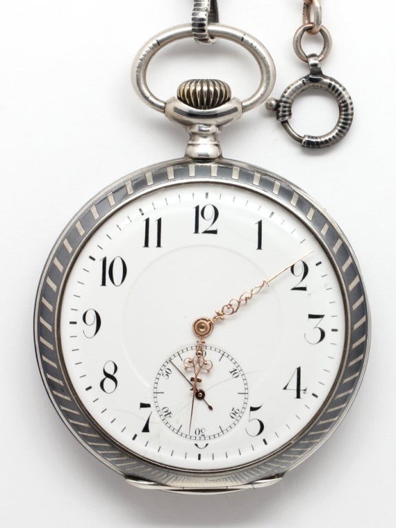 Silver and Niello Pocket Watch with Chain circa 1920s For Sale at 1stDibs