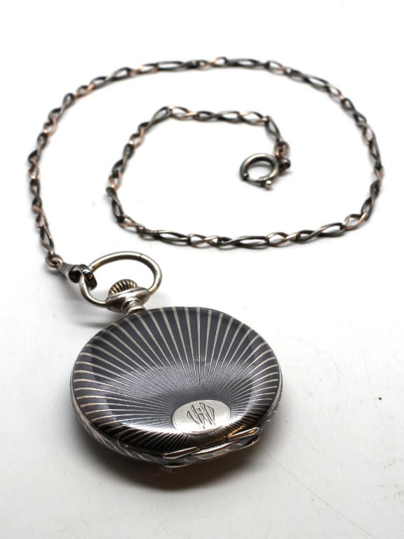 Silver and Niello Pocket Watch with Chain circa 1920s For Sale at 1stDibs