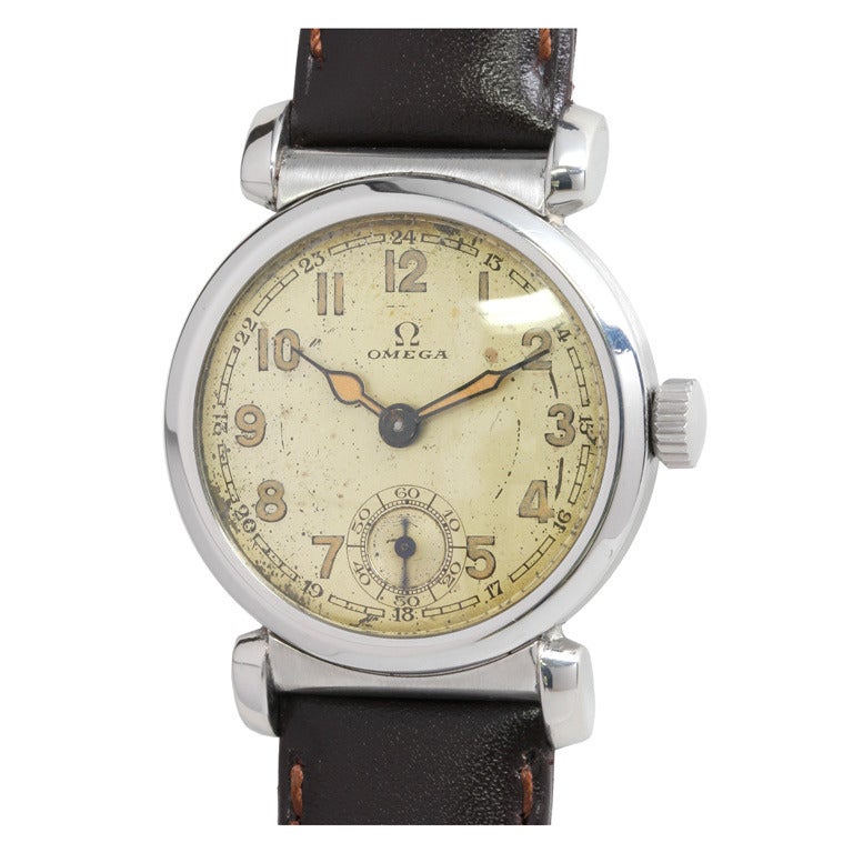 Omega Stainless Steel Wristwatch with Unusual Lugs circa 1940s at 1stDibs
