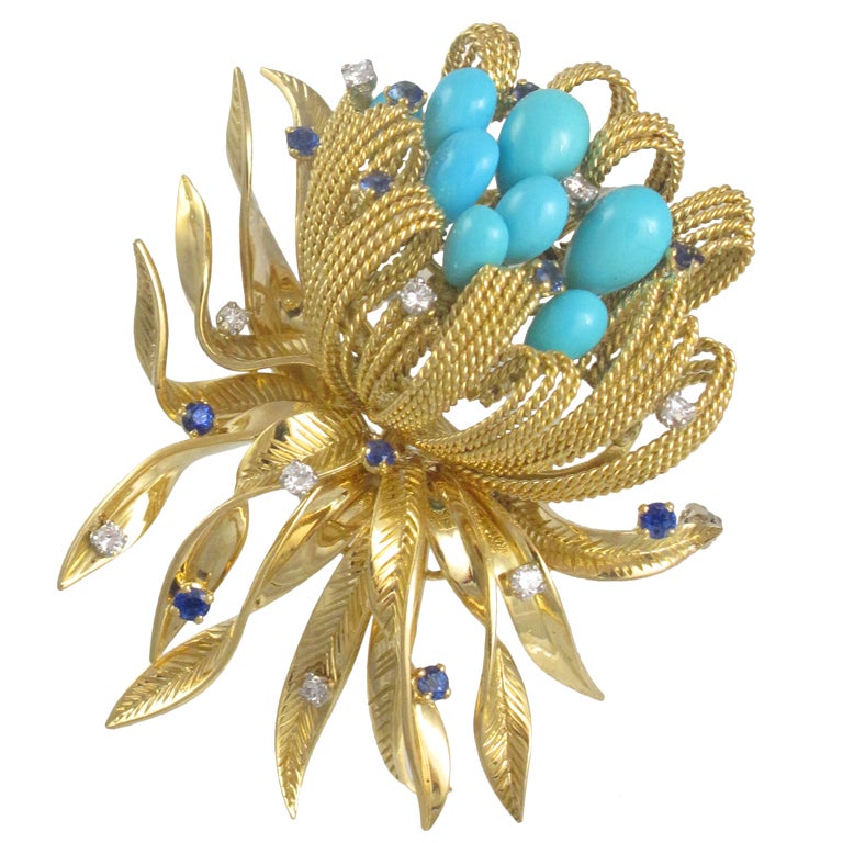 1960’s French Gold and Turquoise Flower Brooch at 1stDibs