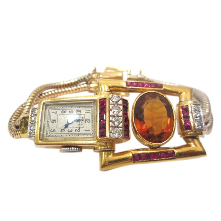 PAUL DITISHEIM Citrine, Ruby and Diamond Retro Watch at 1stDibs