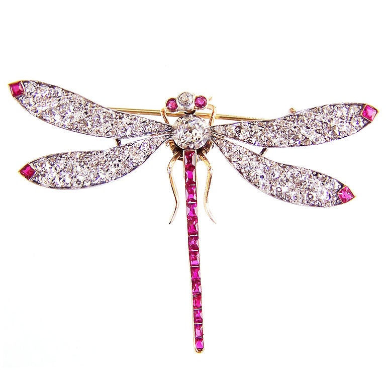 Ruby and Diamond Dragonfly Brooch For Sale at 1stDibs