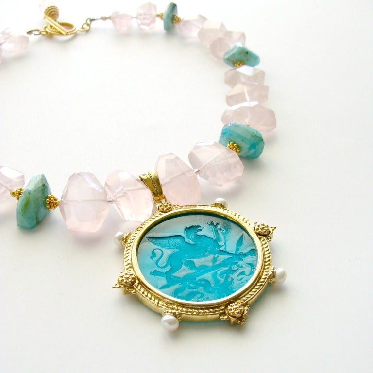 Intaglio Griffin Pendant Rose Quartz Blue Peruvian Opal Necklace at 1stDibs