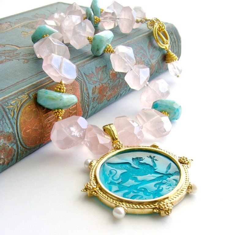 Intaglio Griffin Pendant Rose Quartz Blue Peruvian Opal Necklace at 1stDibs