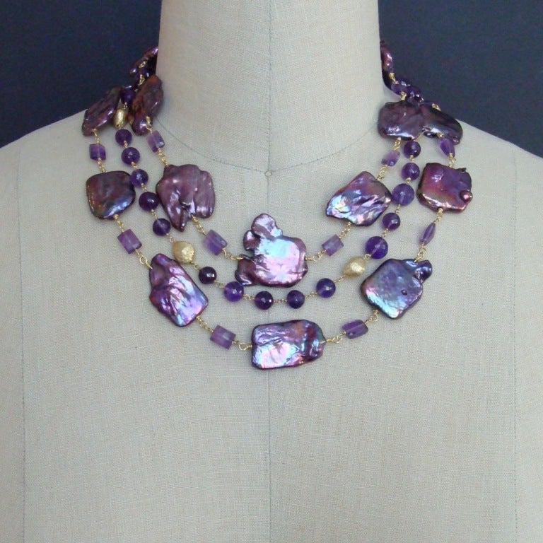 Purple Jumbo Square Pearls Faceted Amethyst Triple Strand Necklace at ...